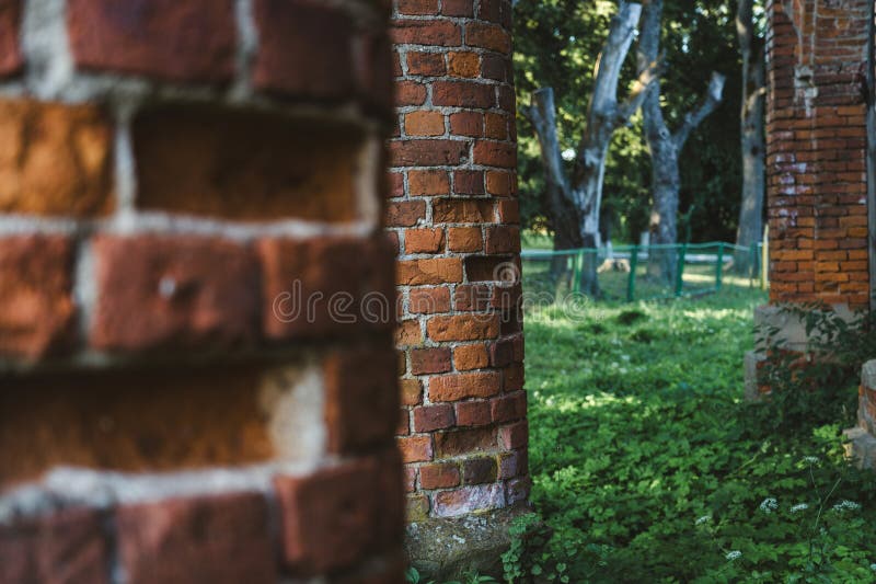 Old, Ruined Red Brick Columns. the Entrance To the Old, Ruined Stable ...