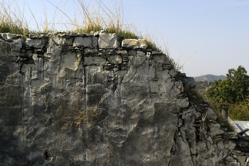 Ruined Stone Wall in Front of Blue Sky Stock Image - Image of close ...