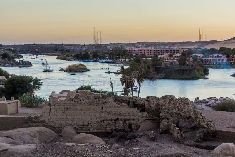 Old Ruins at the Elephantine Island and River Nile in Aswan, Egy Stock ...