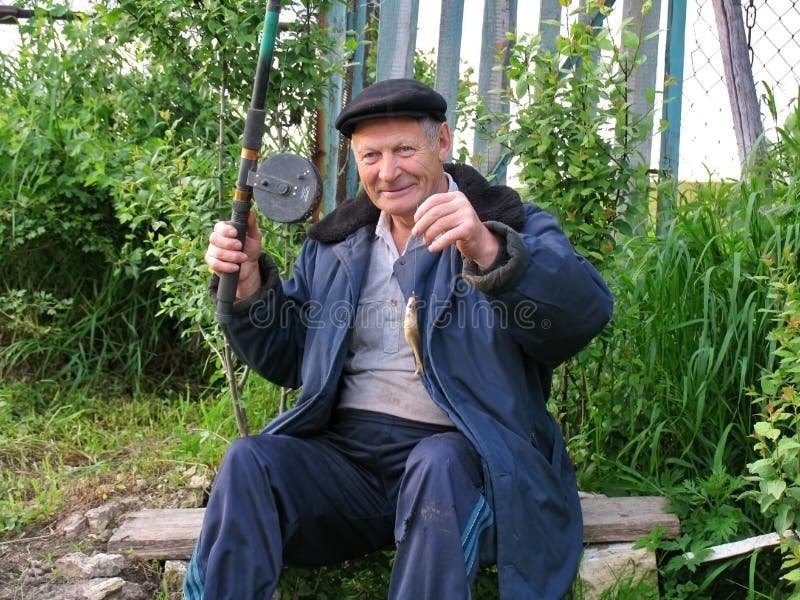 Old Rural Man Brags a Caught Small Fish Stock Image - Image of summer ...