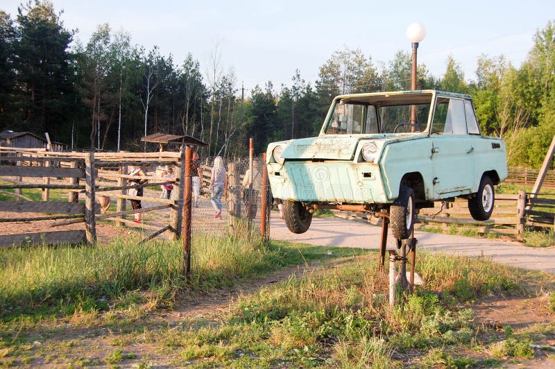 Old, Russian, Disabled Car Blue on the Post. Editorial Stock Image ...