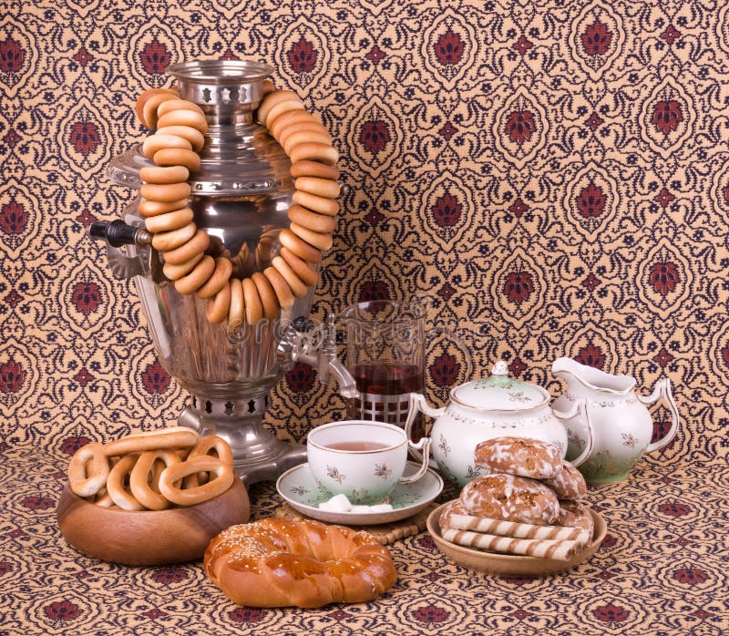Old Russian Tea Kettle with Bagels Stock Photo - Image of bakery, meal ...
