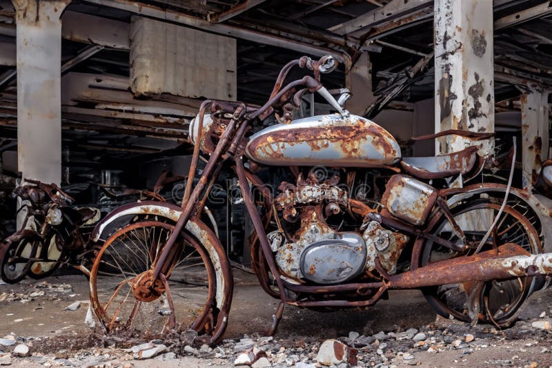 Old Rust-covered Motorcycle in an Abandoned Building. AI-generated ...