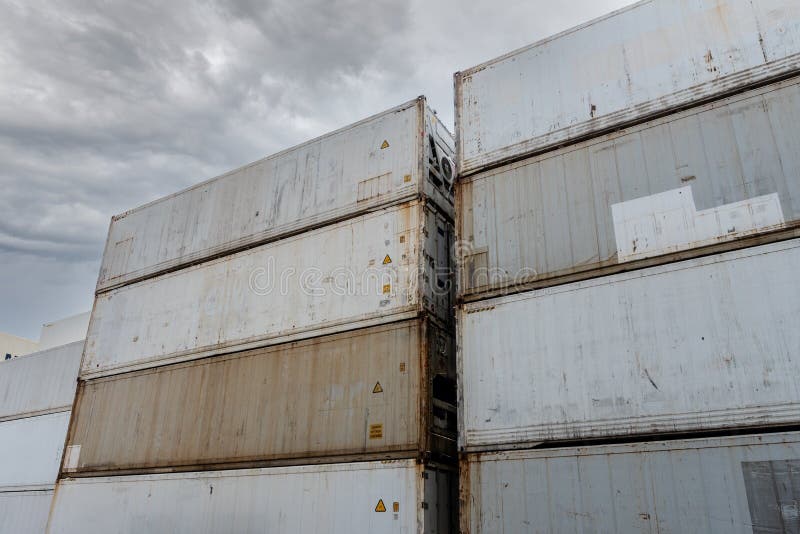 Old Rust White Container Wall in Cargo Container Yard Close Up in Front ...