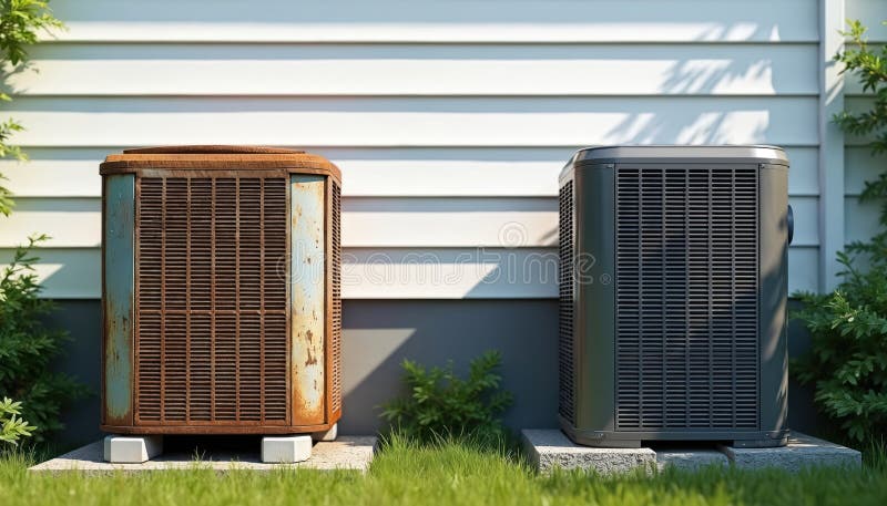 Old Rusted Air Conditioning Unit Compared with New Energy-efficient ...