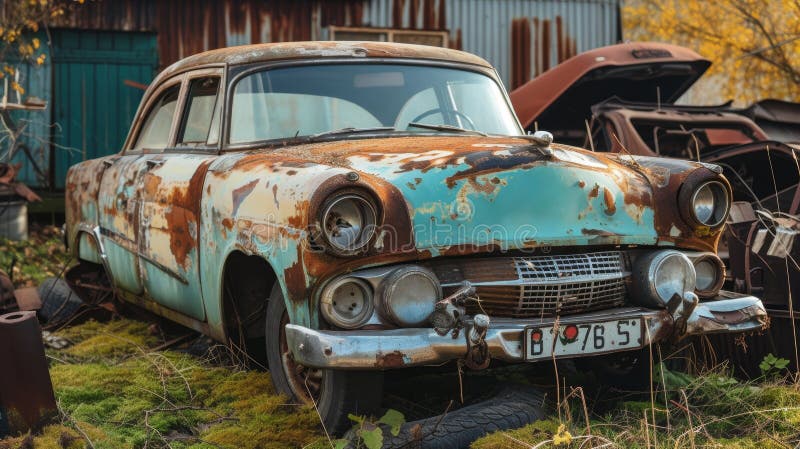 An Old, Rusted Car Sits Abandoned in a Desolate Landscape, Remnants of ... An Old, Rusted Car Sits Abandoned in a Desolate Landscape, Remnants of ...