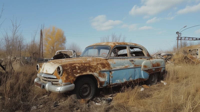 An Old, Rusted Car Sits Abandoned in a Desolate Landscape, Remnants of ... An Old, Rusted Car Sits Abandoned in a Desolate Landscape, Remnants of ...