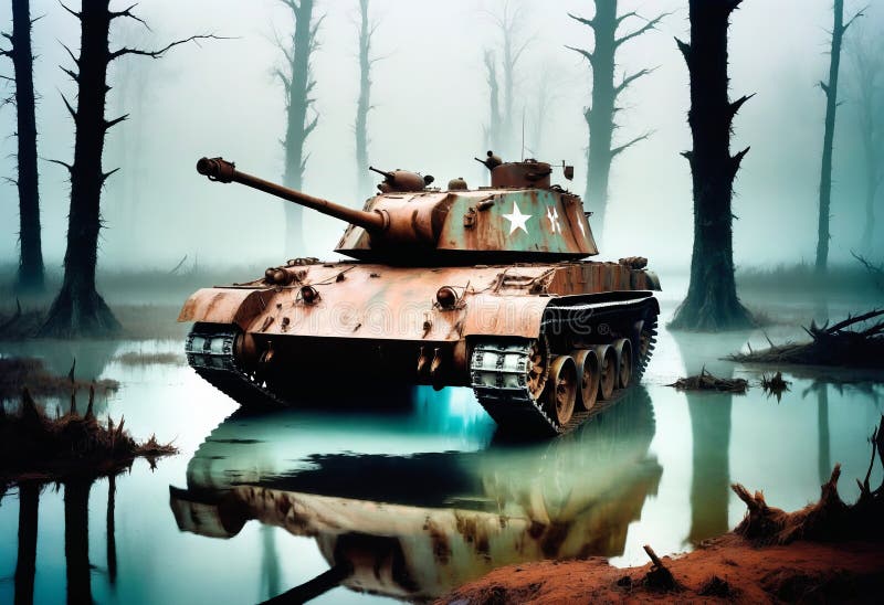 An Old, Rusted and Damaged Military Tank in a Dark, Gritty Environment ...