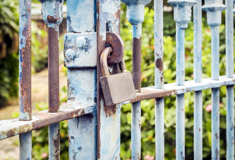 Old Rusted Lock on Blue Rusty Iron Gate Stock Photo - Image of green ...
