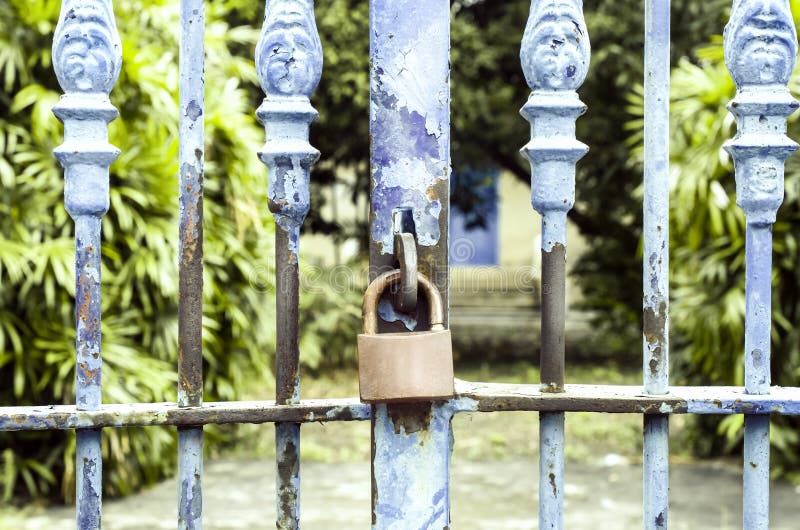 Old Rusted Lock on Blue Rusty Iron Gate Stock Photo - Image of open ...