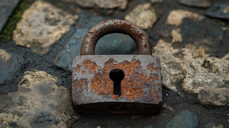 An Old Rusted Padlock Lies Open on a Textured Stone Surface Stock ...