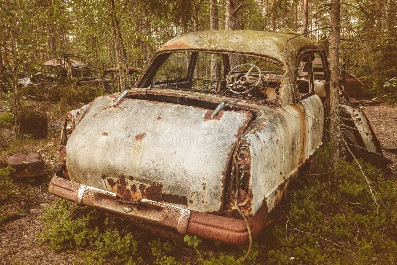 Old Rusted Scrap Car in a Forest Stock Photo - Image of classic, kirko ...