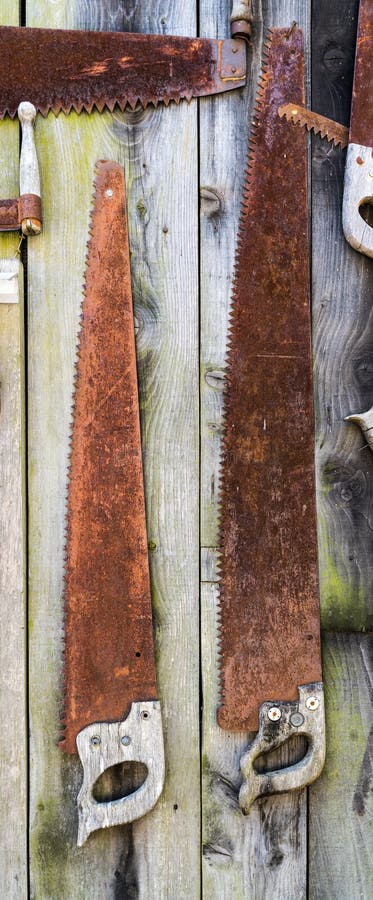 Old Rusted Vintage Saw and Tools Hanging on a Barn Stock Image - Image ...