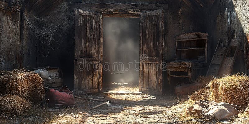 Old Rustic Barn Interior with Open Doors Revealing Sunlight and ...