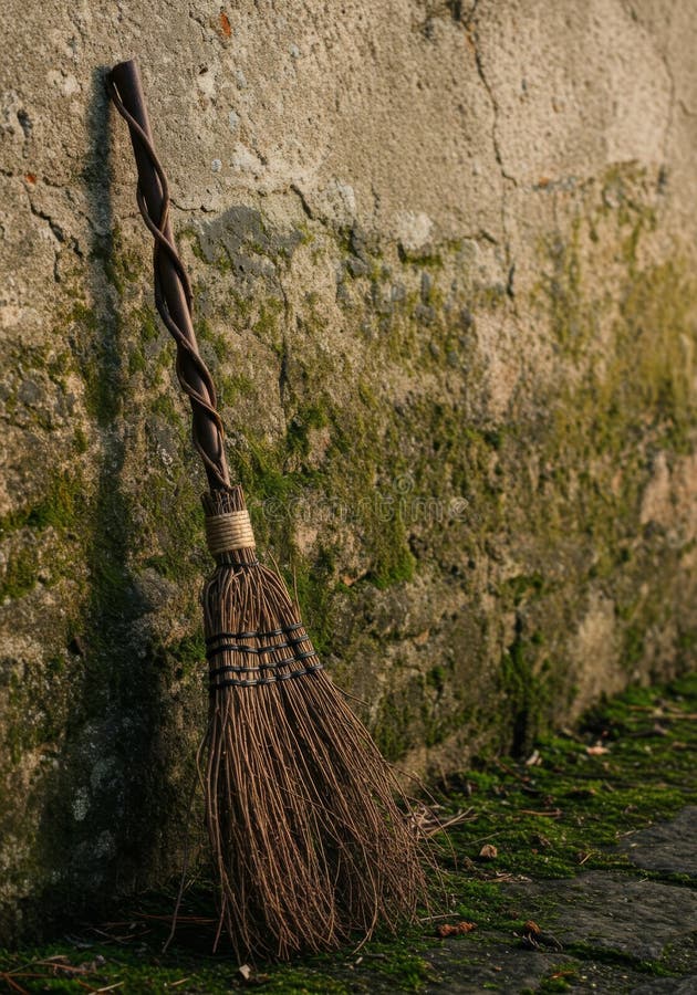 Old Rustic Broom Leaning Against Mossy Stone Wall Stock Illustration ...