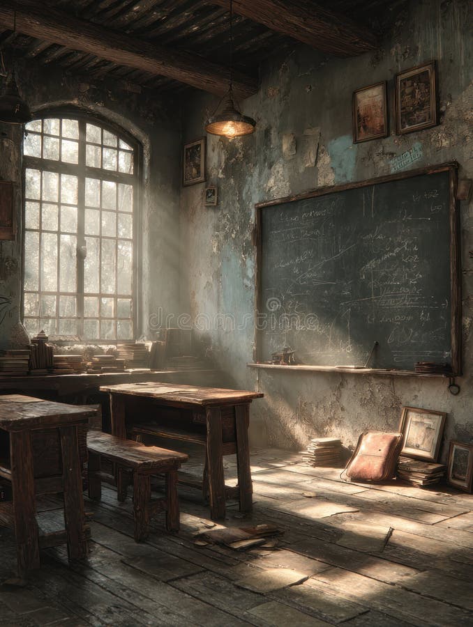 Old Rustic Classroom with Wooden Desks, Benches, Chalkboard, and ...