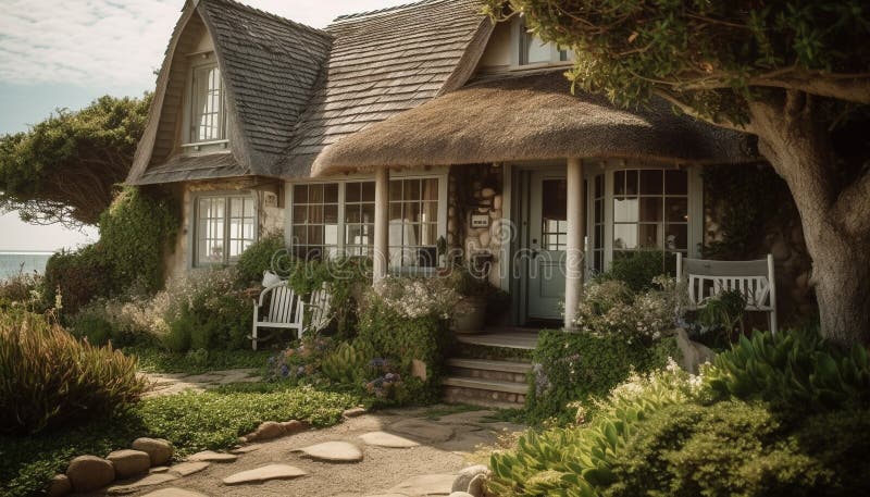 An Old Rustic Cottage with a Formal Garden and Porch Generated by AI ...