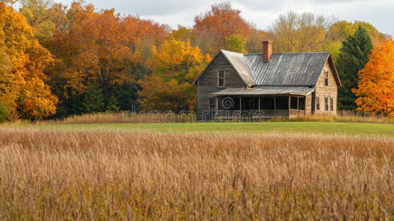 Old Rustic House in a Field Surrounded by Autumn Trees Stock ...