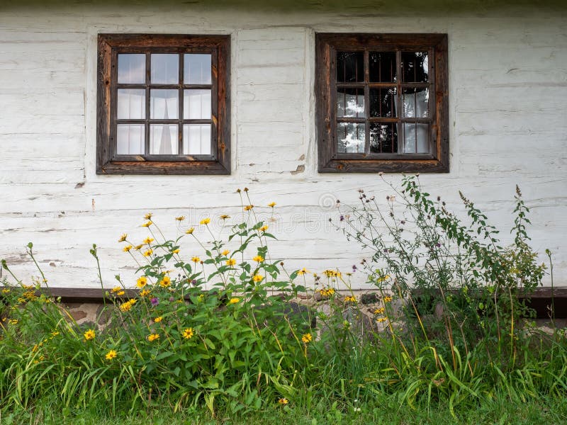 Old Rustic House Wall with Two Windows. Poland Stock Image - Image of ...