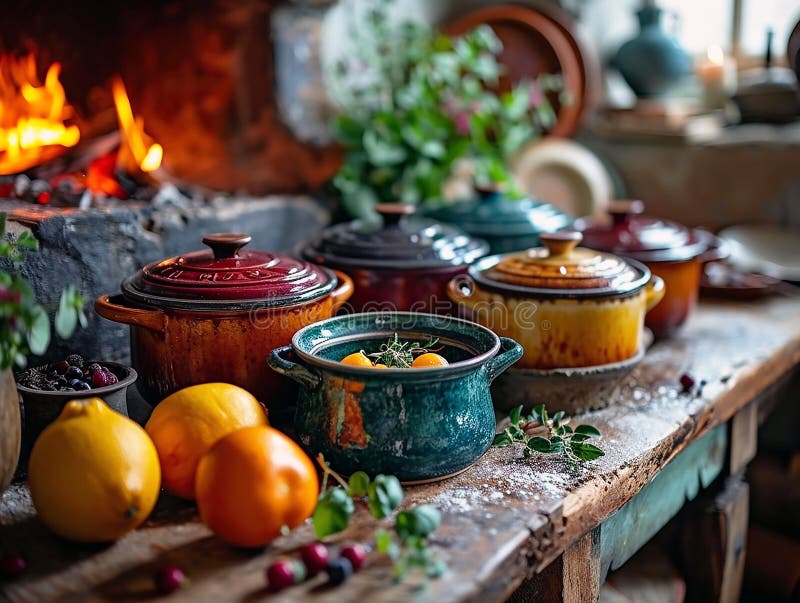 Old Rustic Kitchen with Pots and Pans. AI Generative Stock Illustration ...