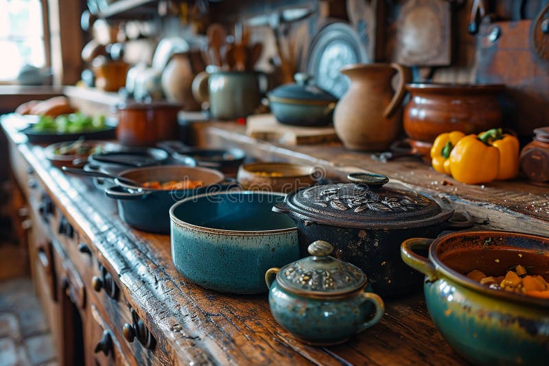 Old Rustic Kitchen with Pots and Pans. AI Generative Stock Illustration ...