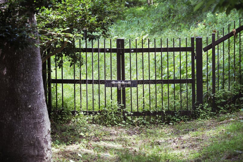 Old Rustic Looking Metal Fence Stock Image - Image of closing, woods ...