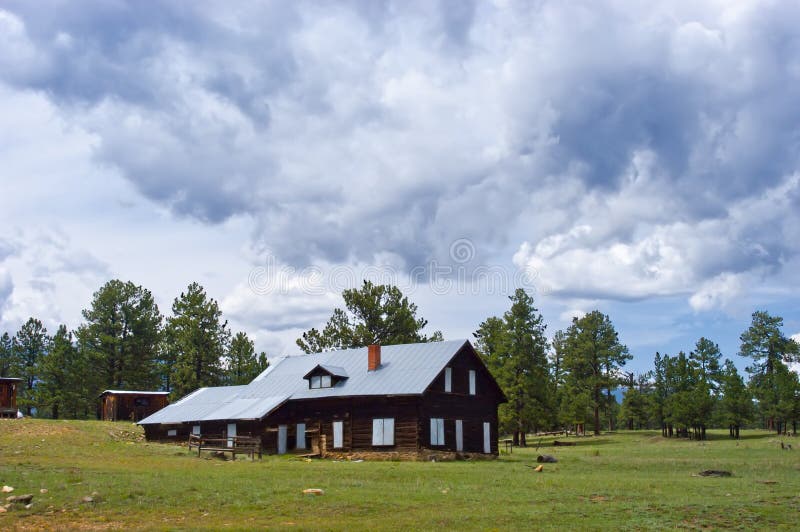 Old Rustic Mountain Cabin Ranch Under Storm Clouds Stock Image - Image ...