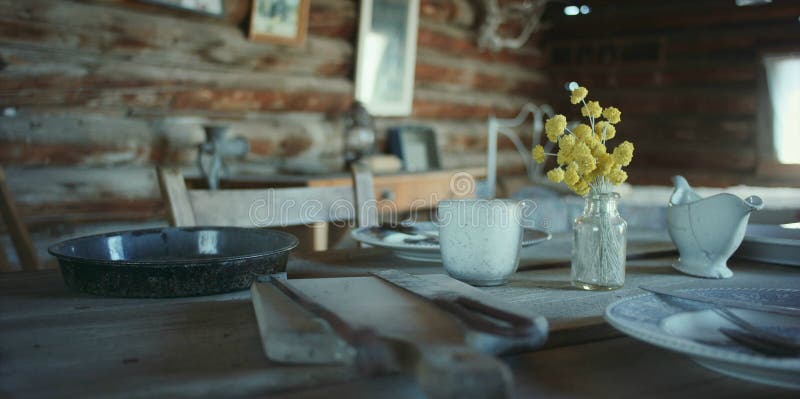 Old Rustic Table with Dishes and Utensils Stock Image - Image of native ...