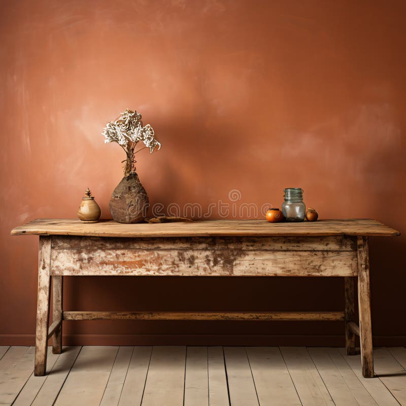 An Old Rustic Untreated Table Stands in Front of a Wall with Old Paint ...