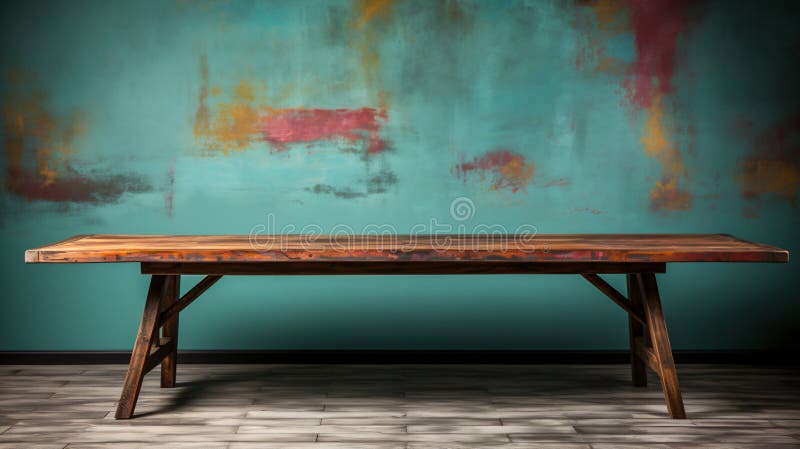 An Old Rustic Untreated Table Stands in Front of a Wall with Old Paint ...