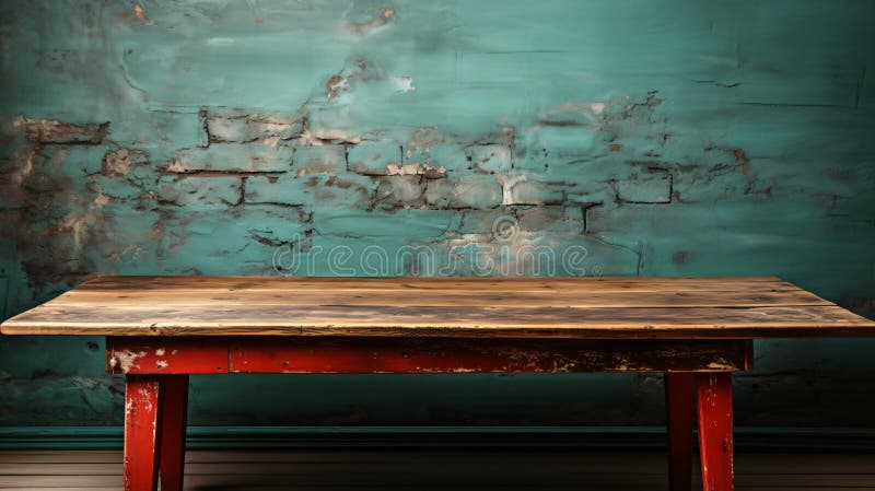 An Old Rustic Untreated Table Stands in Front of a Wall with Old Paint ...