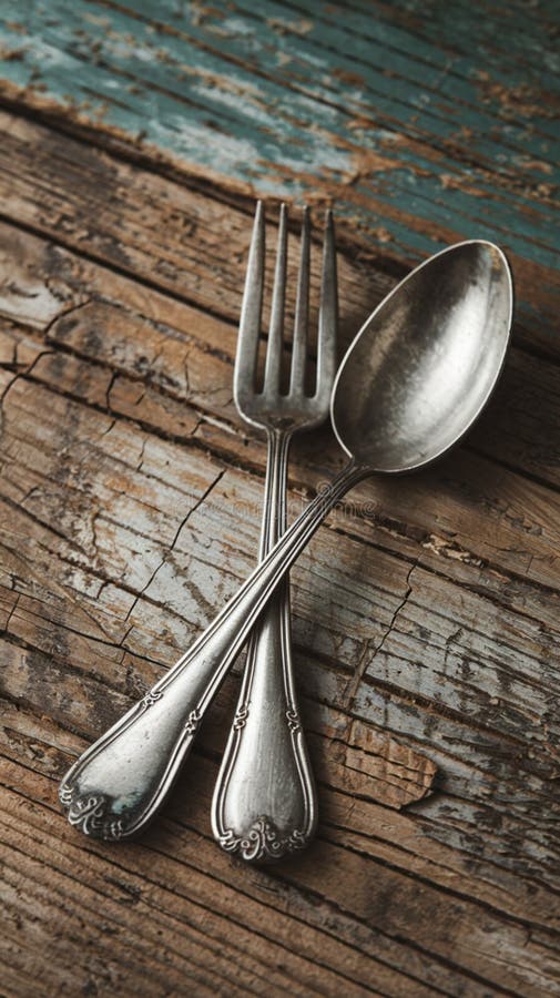 Tarnished Silver Fork and Spoon Rest on a Rustic, Cracked Wooden ...
