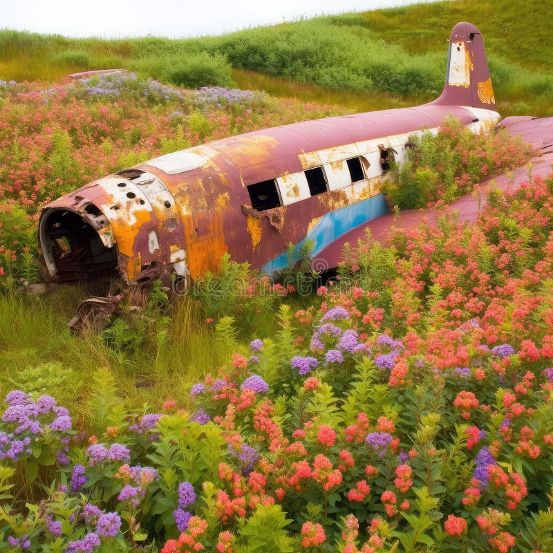 Old Rusty Abandoned Crashed Plane in Meadow with Flowers on Bright ...