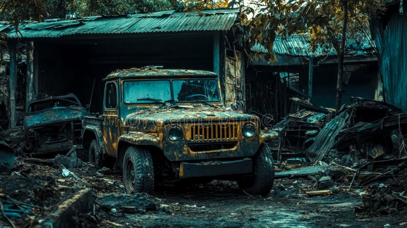 Abandoned Rusty Military Vehicle Parked Near Destroyed Building Stock ...