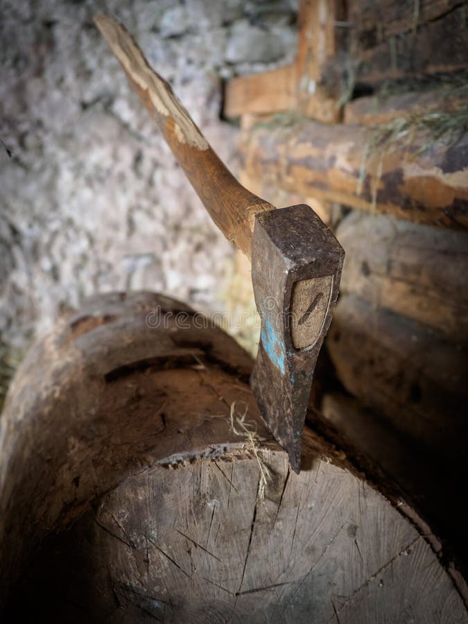 Old Rusty Ax Stuck in a Block of Wood Stock Photo - Image of lumberjack ...