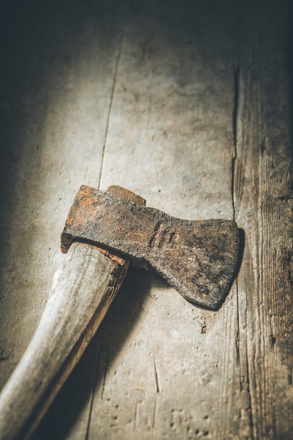 Old Rusty Axe is Lying on Rustic Wooden Floor Stock Image - Image of ...