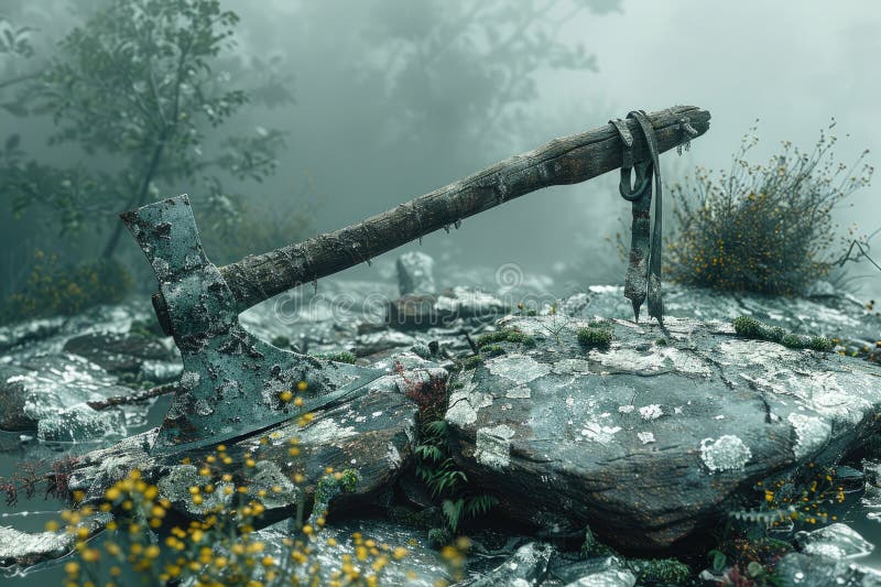 An Old Rusty Axe is Stuck in a Tree Stump in the Middle of a Misty ...