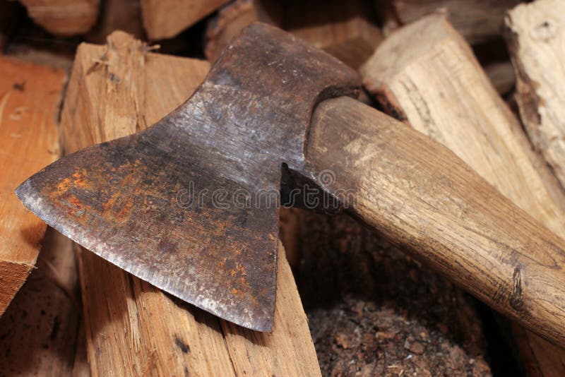An Old Rusty Axe on the Woodshed in the Barn Stock Photo - Image of ...
