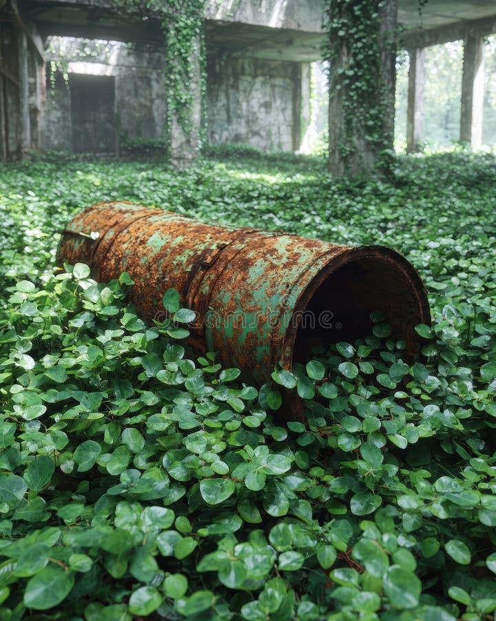 An Old Rusty Barrel Sits in an Overgrown Abandoned Building. Stock ...