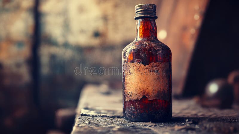 Old Rusty Bottle with Worn Label on Wooden Surface Stock Photo - Image ...