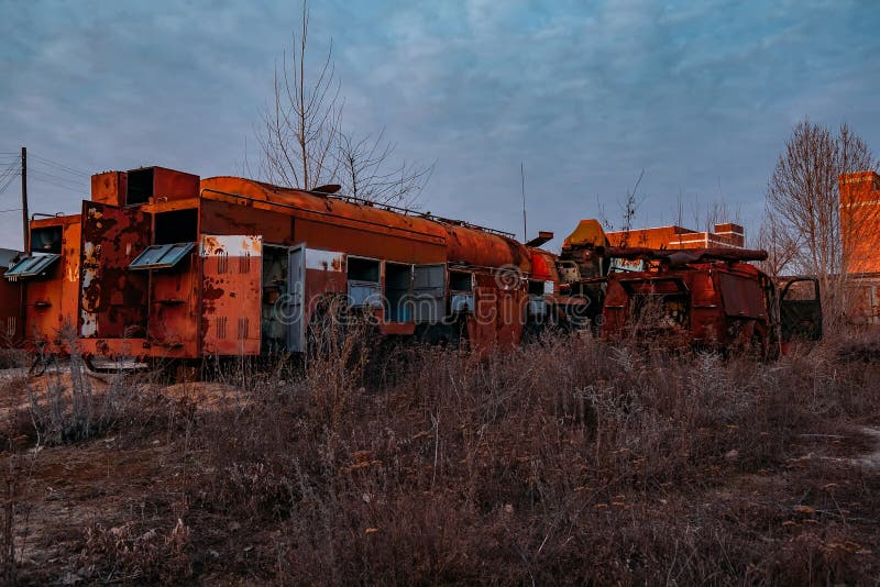 Old Rusty Broken Abandoned Soviet Fire Truck on Evening Sunset Stock ...