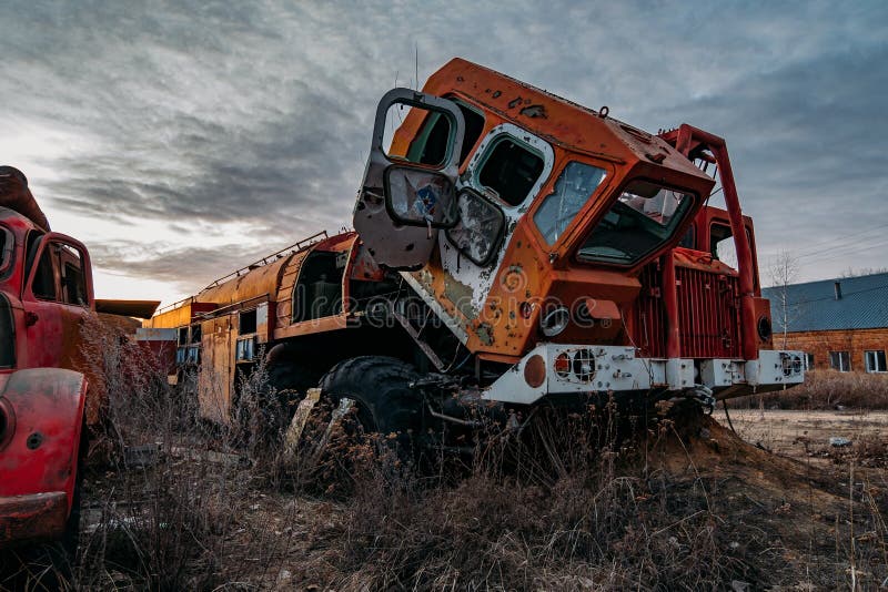 Old Rusty Broken Abandoned Soviet Fire Truck on Evening Sunset Stock ...