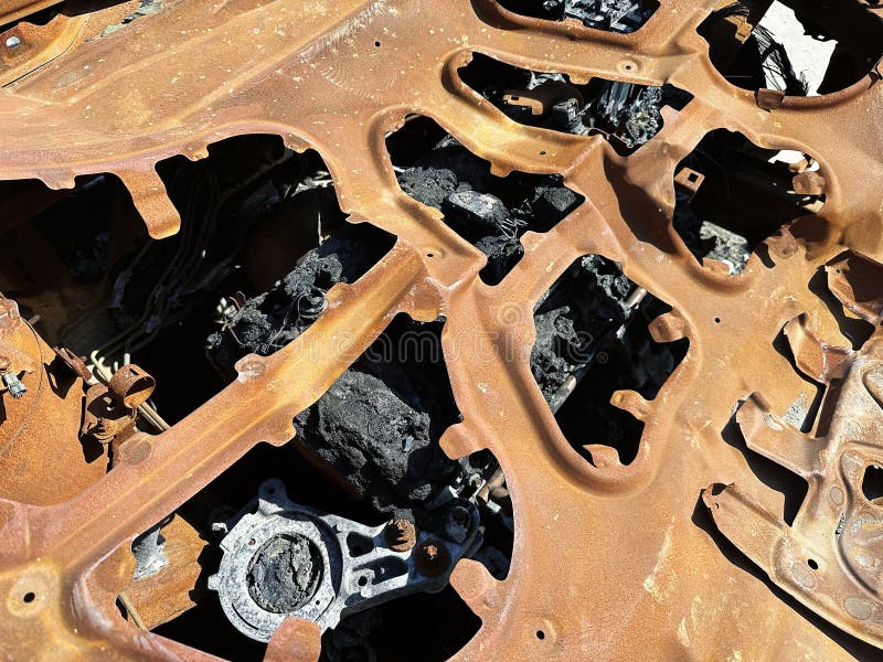 Old Rusty Burnt Out Car and Engine after Explosion. Car Insurance Stock ...