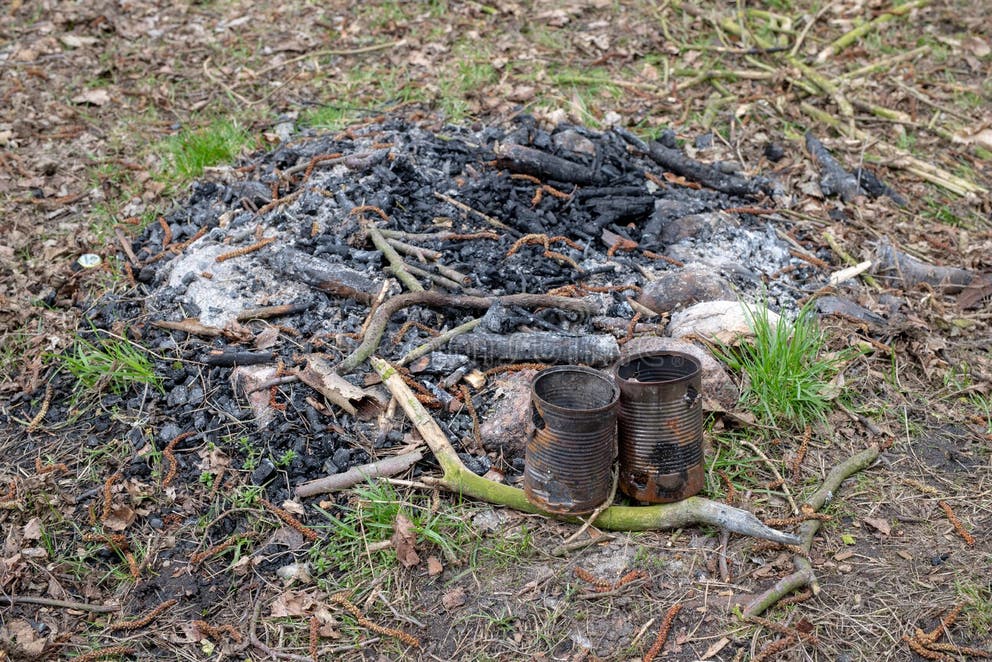 Old Rusty Cans in a Campfire. Place for Camping in the Forest Stock ...