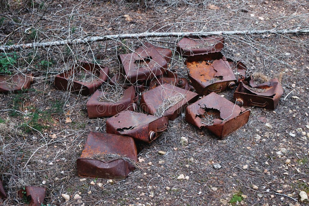 Old Rusty Cans Dumped on the Forest Stock Image - Image of forest ...