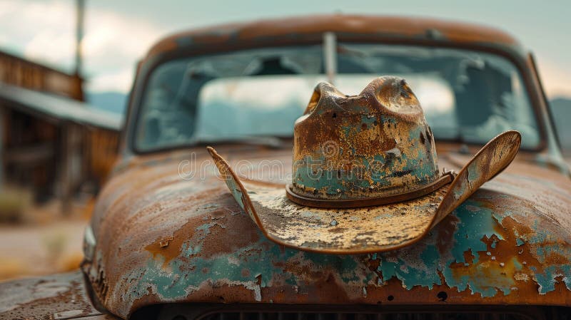 An Old Rusty Car with a Cowboy Hat on it Stock Image - Image of sunset ...