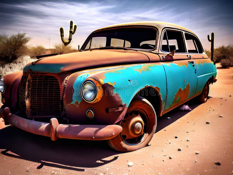 Old Rusty Car on a Desert, Ai Generated Stock Illustration ...
