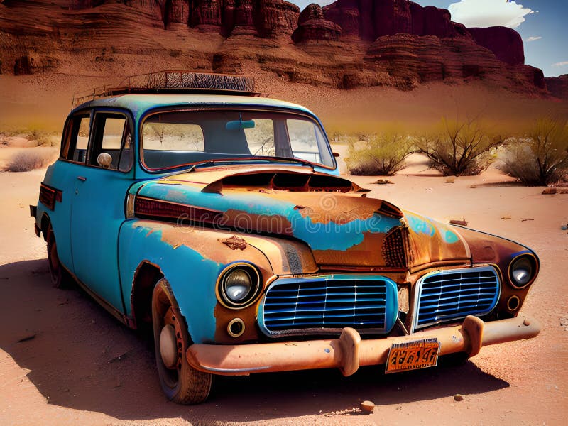 Old Rusty Car on a Desert, Ai Generated Stock Illustration ...