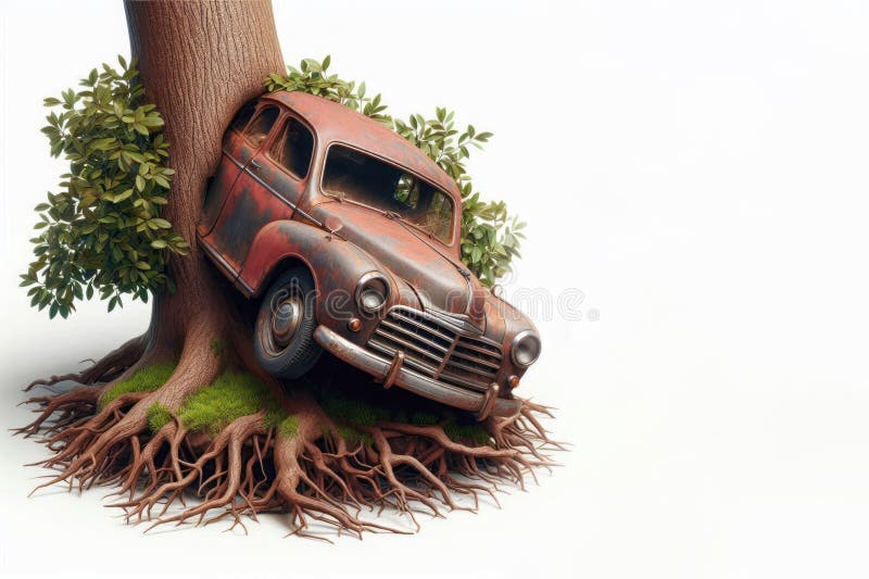 An Old Rusty Car Has Grown into a Tree with Powerful Roots. Space for ...