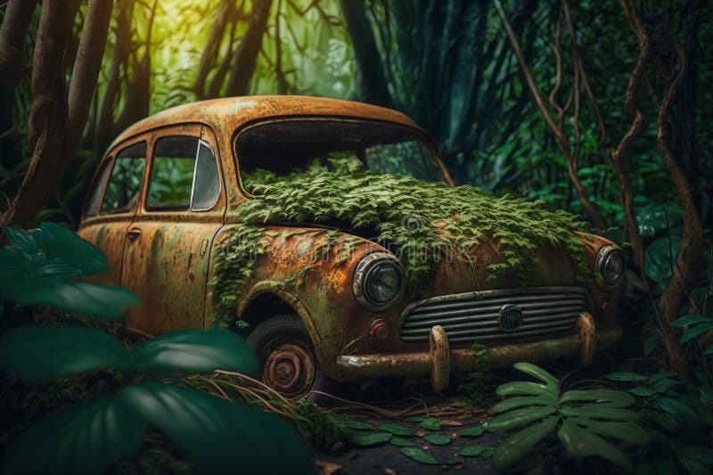 Old Rusty Car in the Jungle. Generative AI Stock Illustration ...